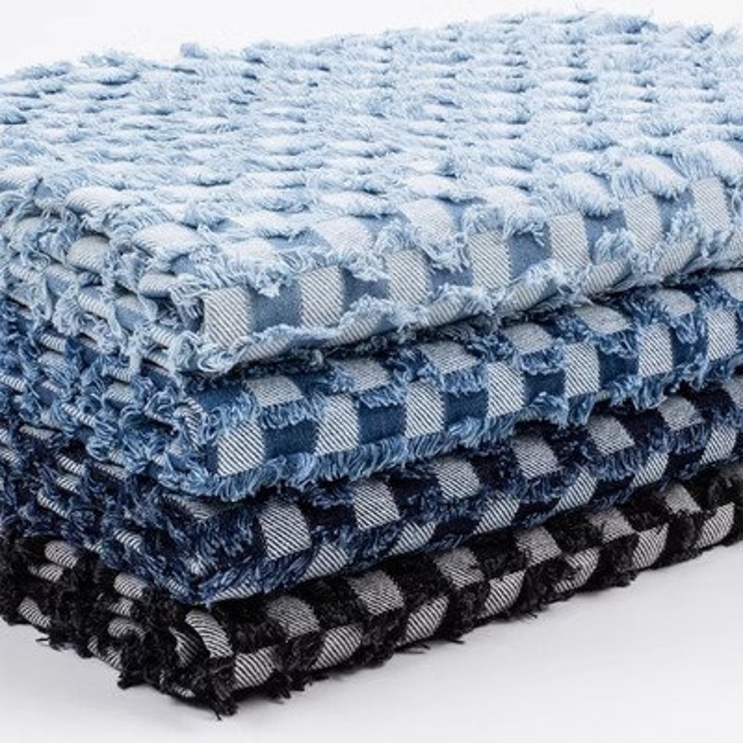Checkerboard Lattice Fringe Jacquard Denim Fabric, Washed Denim Fabric ...
