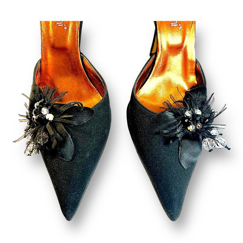 VERSANI Black Pointy Heels Feather and Jewel Embellished 6 - Etsy