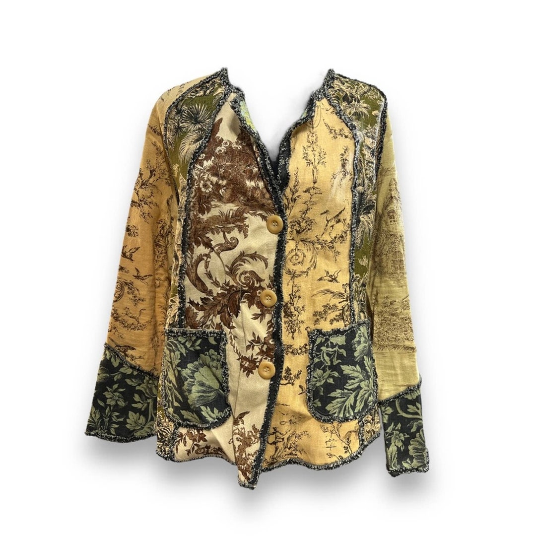 CRUNCH Gold, Taupe & Olive Green Unlined Linen Blazer With Fringe ...