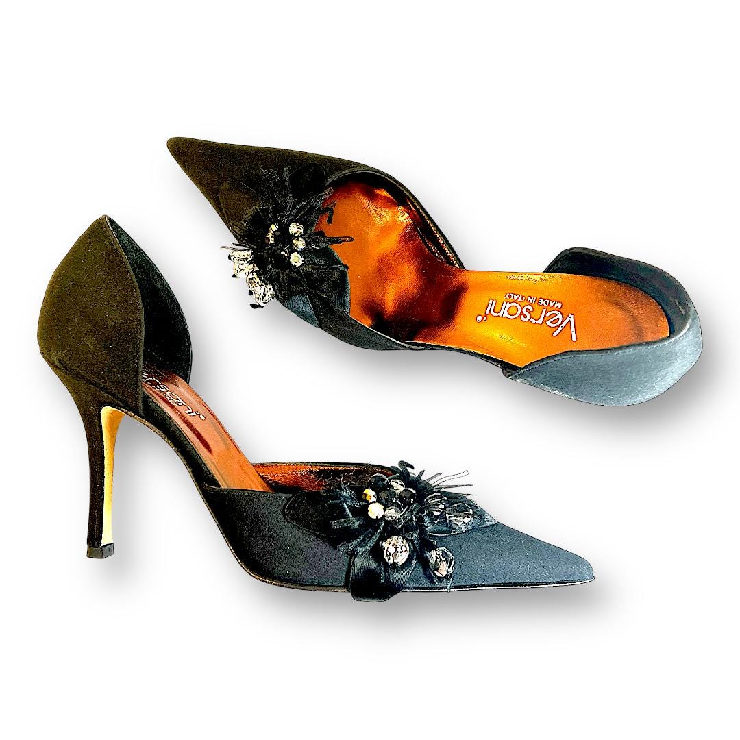 VERSANI Black Pointy Heels Feather and Jewel Embellished 6 - Etsy