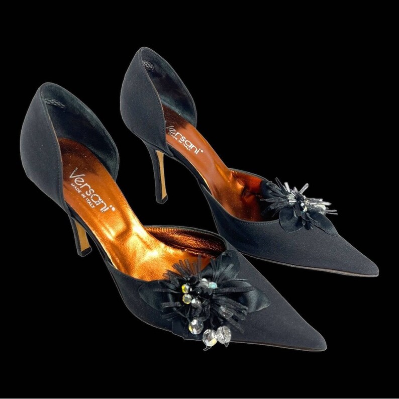 VERSANI Black Pointy Heels Feather and Jewel Embellished 6 - Etsy