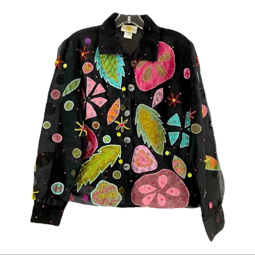 SANDY STARKMAN Sheer Black Silk Floral Embellished Blouse With Clear ...