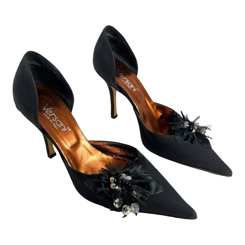 VERSANI Black Pointy Heels Feather and Jewel Embellished 6 - Etsy