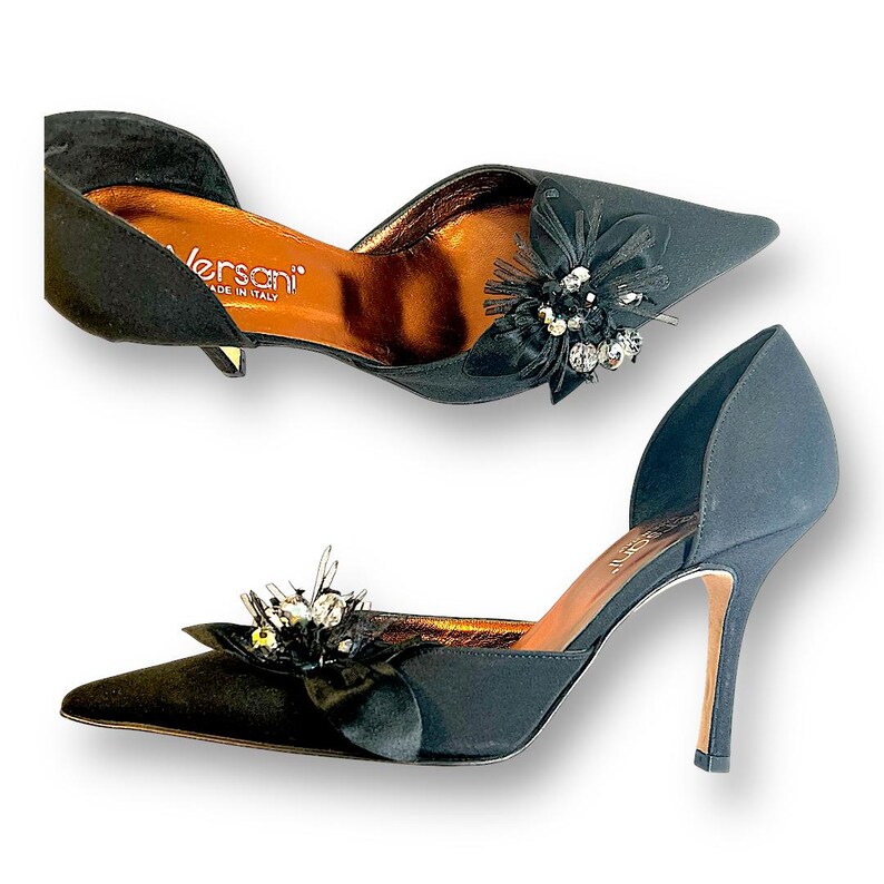 VERSANI Black Pointy Heels Feather and Jewel Embellished 6 - Etsy