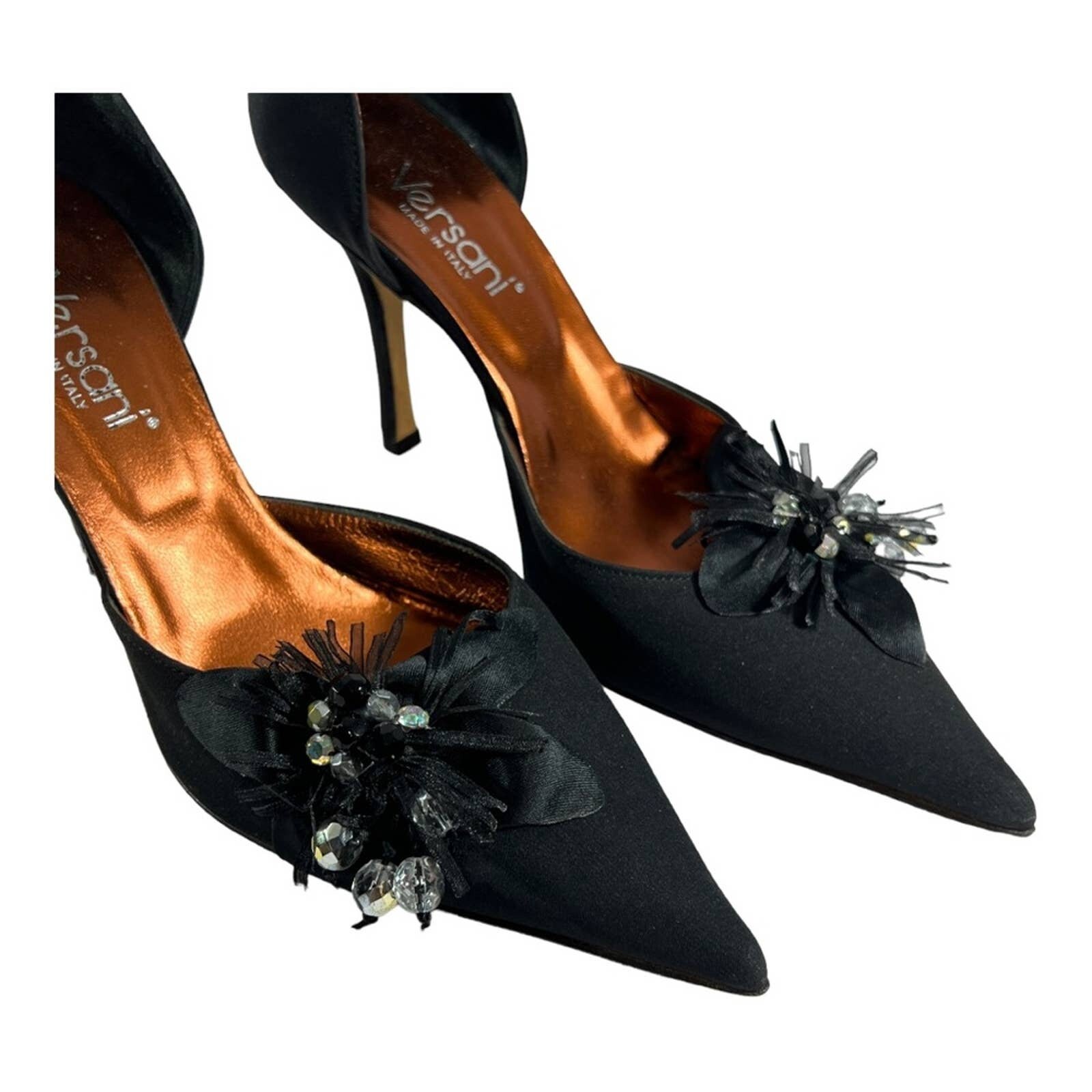 VERSANI Black Pointy Heels Feather and Jewel Embellished 6 - Etsy