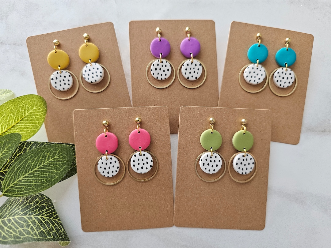 CLAY EARRINGS | Polka Dot | Bright Color | Small Earring | 18k Gold Post | Hypoallergenic | Gift ...