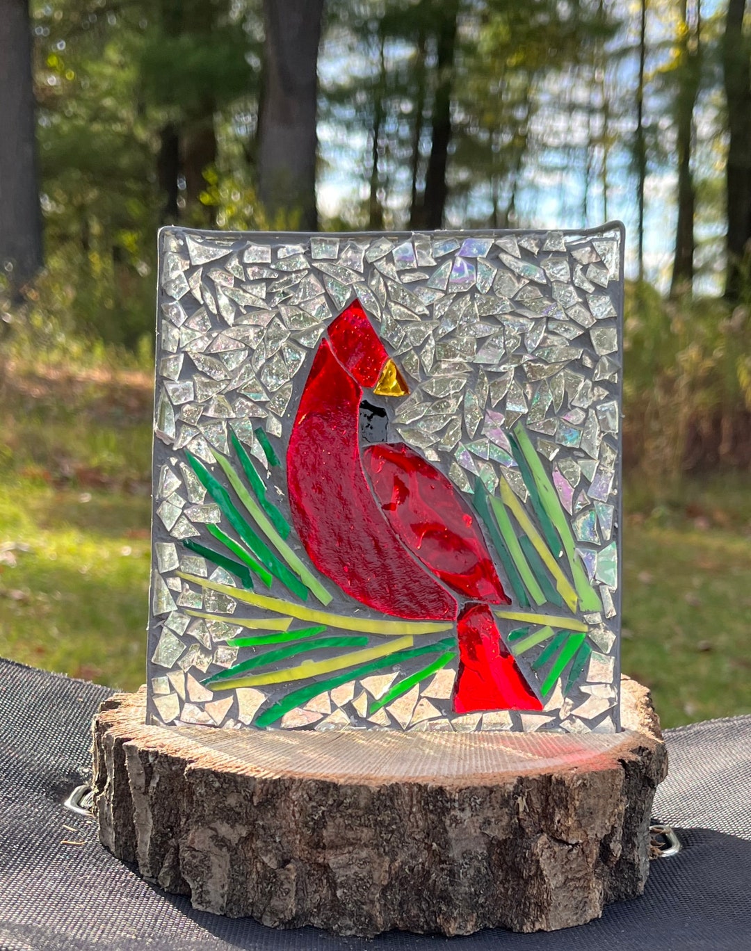 Mosaic Glass Art Cardinal With Rustic Wood Base for Candle - Etsy