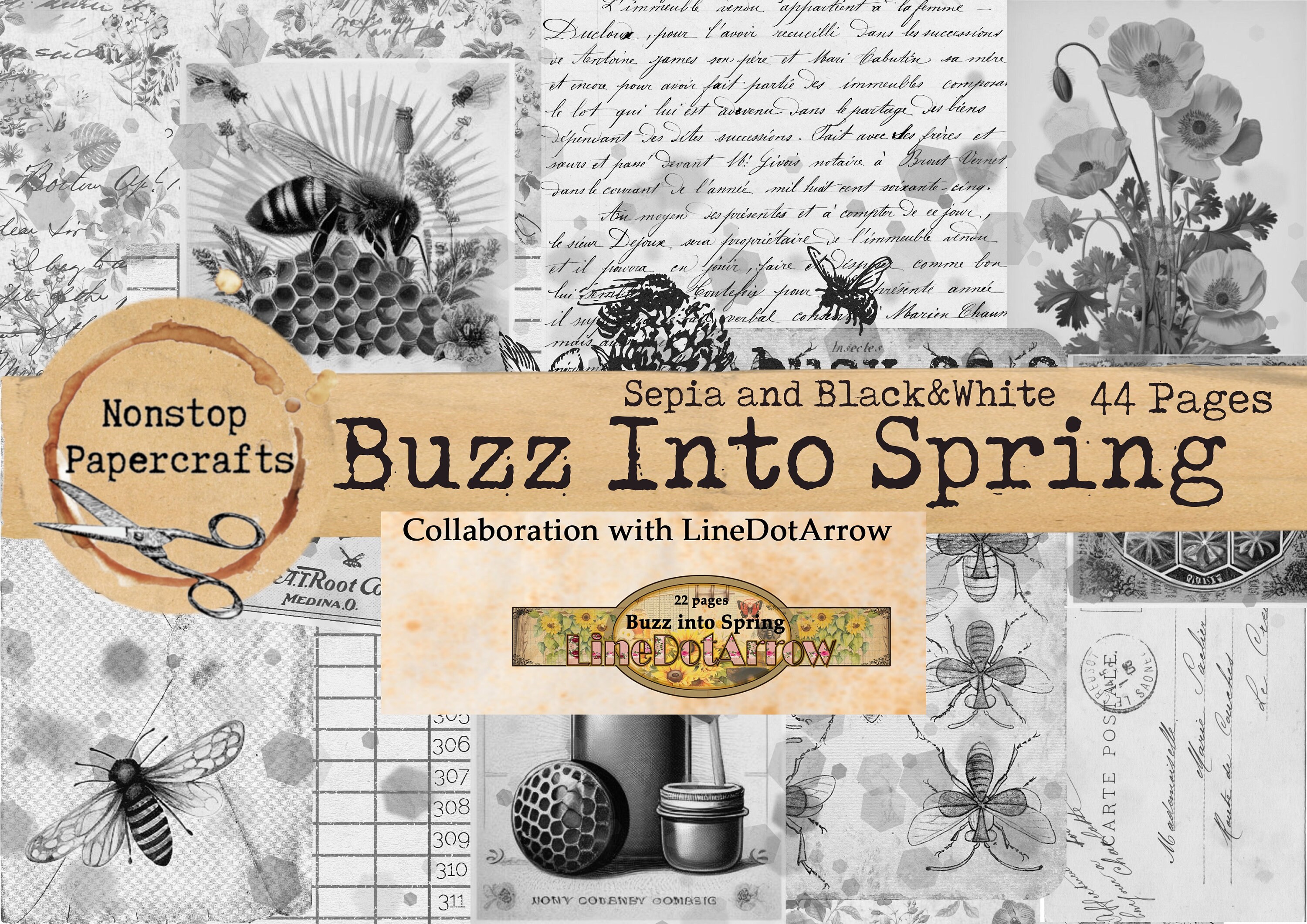 Buzz Into Spring: samenwerkingskit sepia/zwart-wit, junkjournaalkit ...