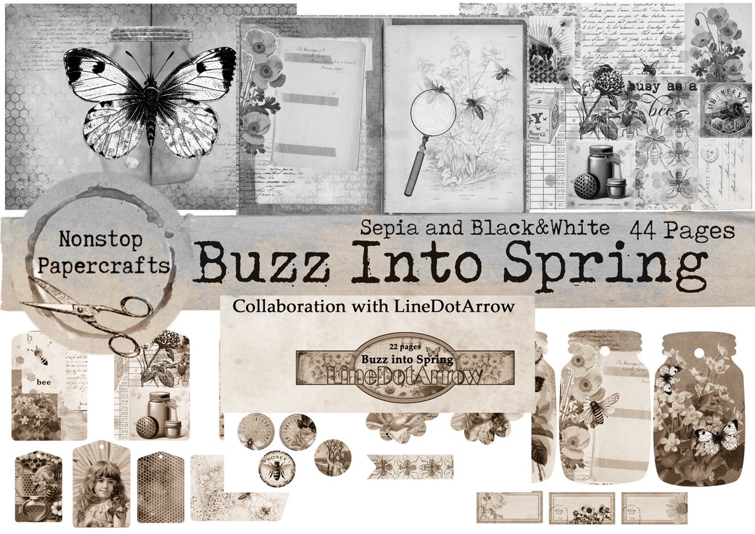 Buzz Into Spring Sepia/b&w Collaboration Kit, Junk Journal Kit, Spring ...