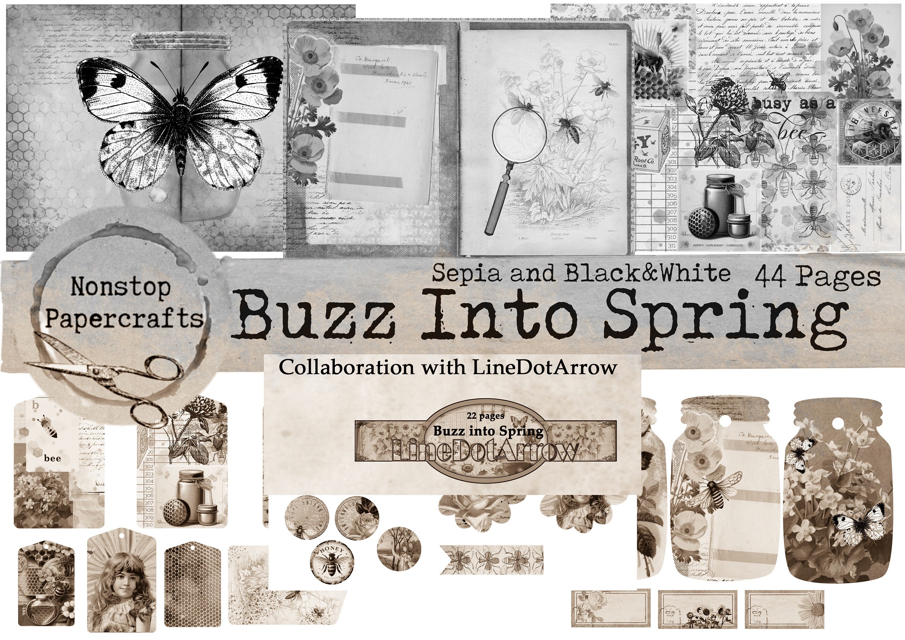 Buzz Into Spring: samenwerkingskit sepia/zwart-wit, junkjournaalkit ...