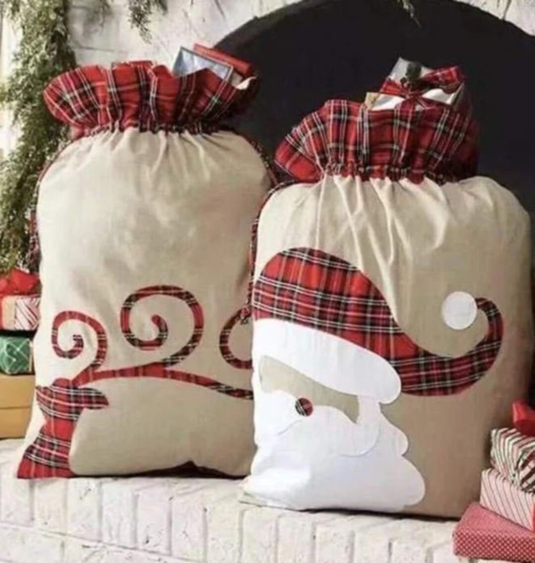 Personalized Burlap and Plaid Santa or Reindeer Santa Sack/large Santa ...