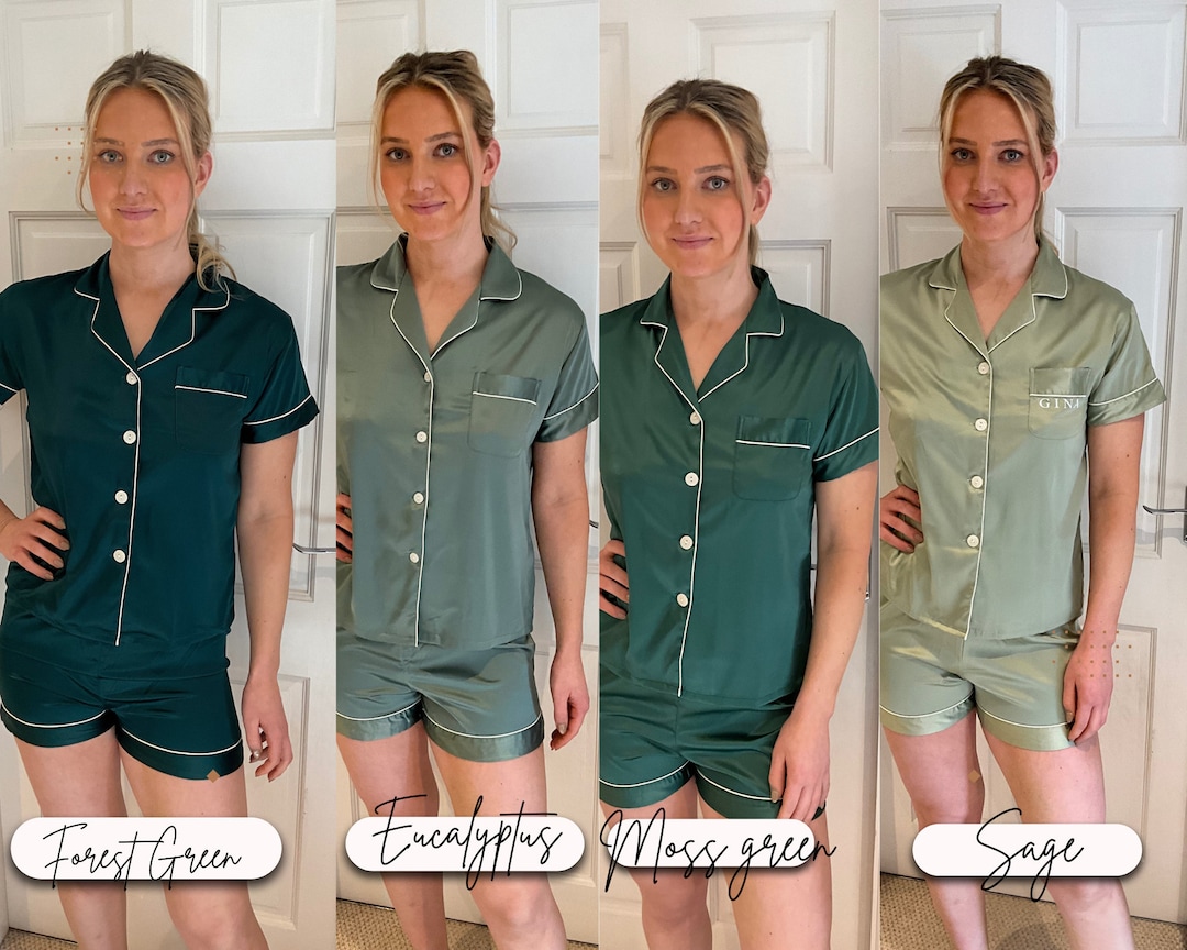 Green Satin Bridesmaid Pjs, Sage Green Satin Wedding Pj Sets, Dark ...