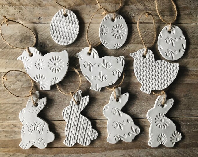 Set of 10 - Clay Easter Assorted Tree Rustic White Bunny Egg Chicken ...