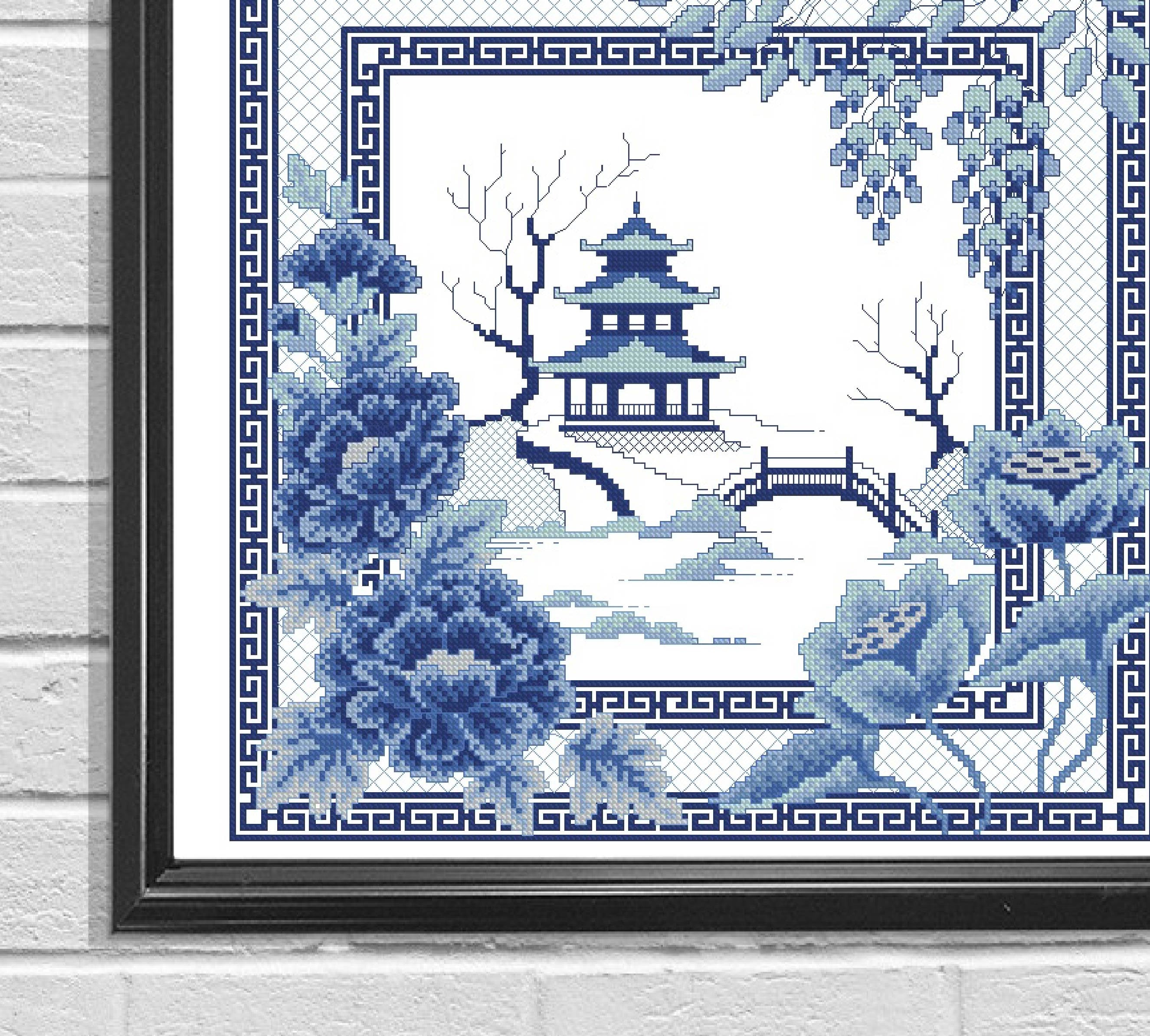 Antique Blue Willow Cross Stitch Pattern Bridge Cross Stitch Pattern ...