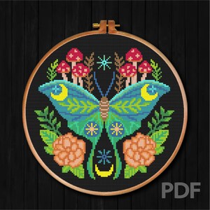 Moth Cross Stitch Pattern Flower Moth Cross Stitch Modern Cross Stitch ...