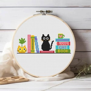 Cat and Books Cross Stitch Pattern Black Cat Cross Stitch Reading Cross ...