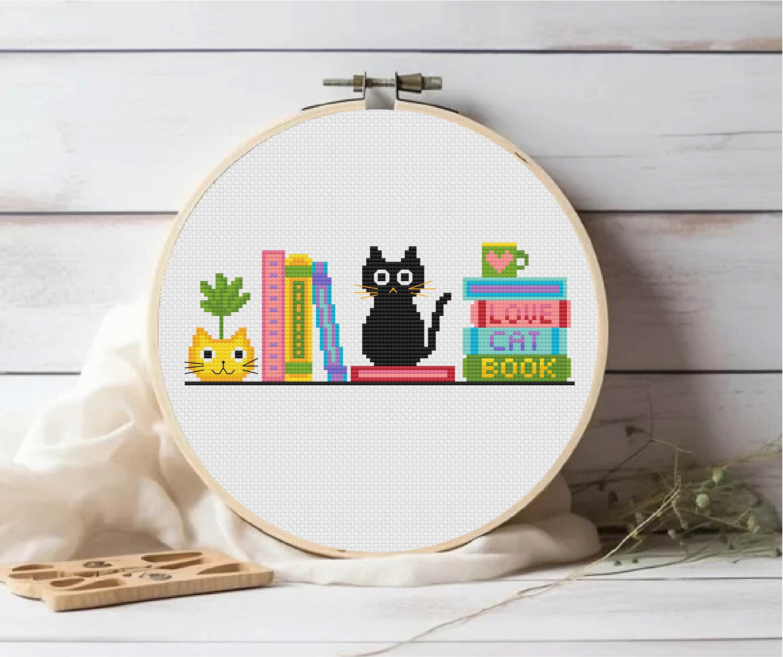 Cat and Books Cross Stitch Pattern Black Cat Cross Stitch Reading Cross ...