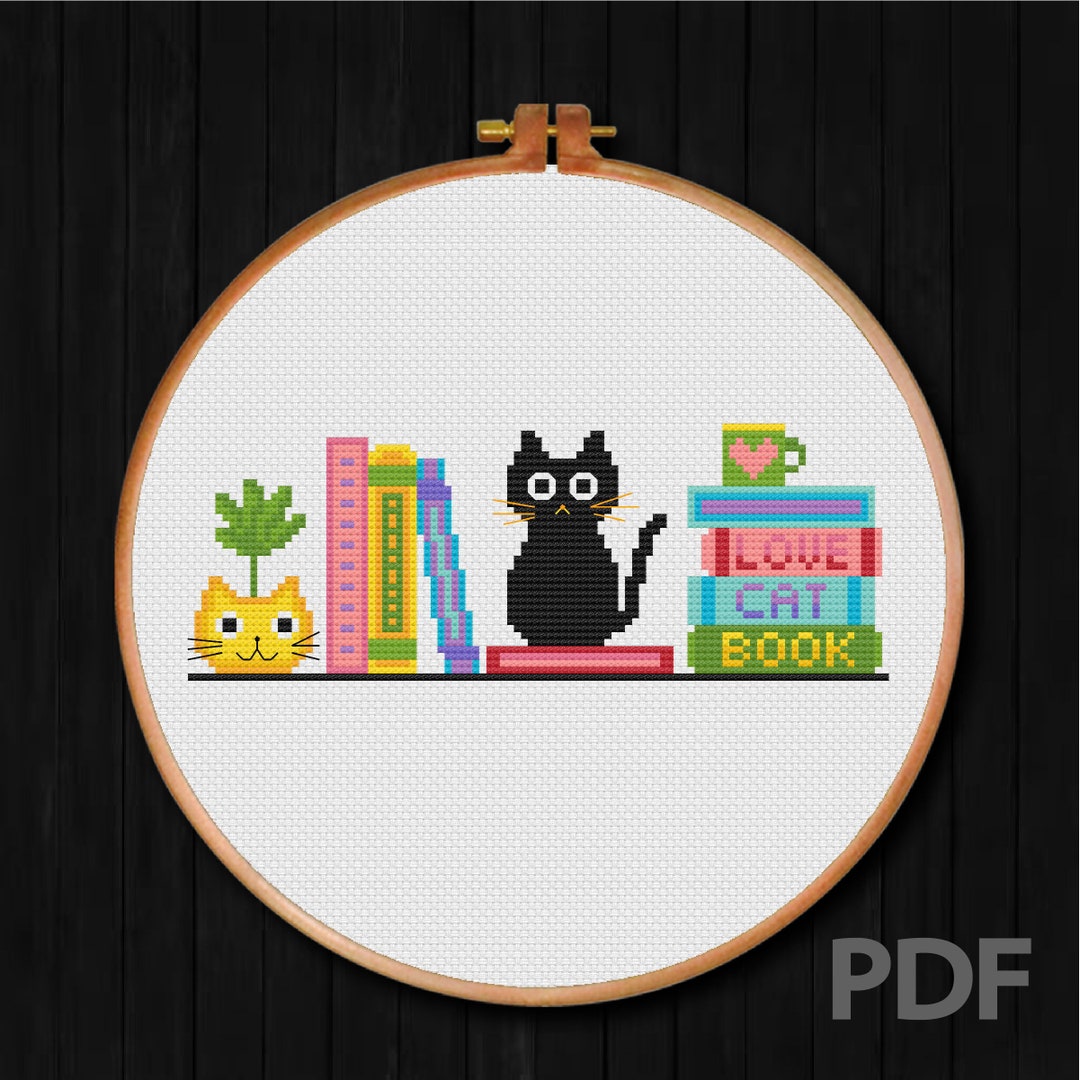 Cat and Books Cross Stitch Pattern Black Cat Cross Stitch Reading Cross ...