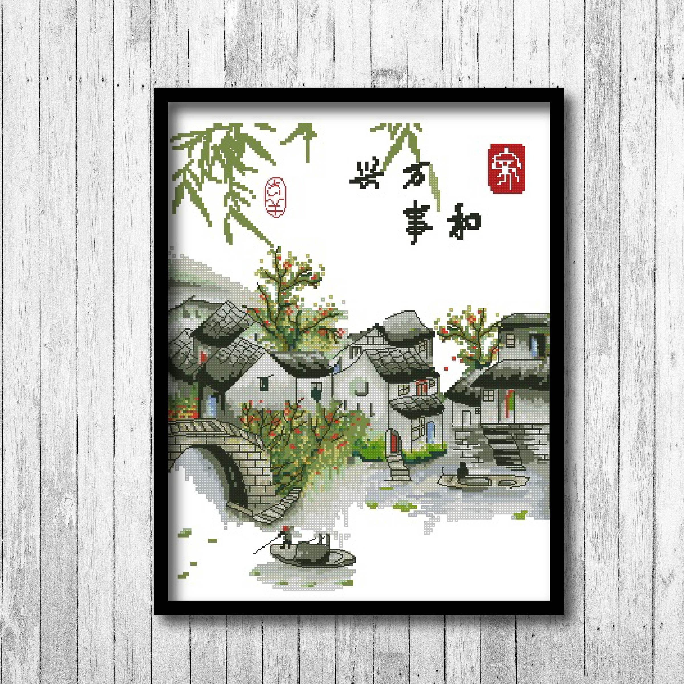 Chinese Painting Cross Stitch Pattern Ancient China View Cross Stitch ...