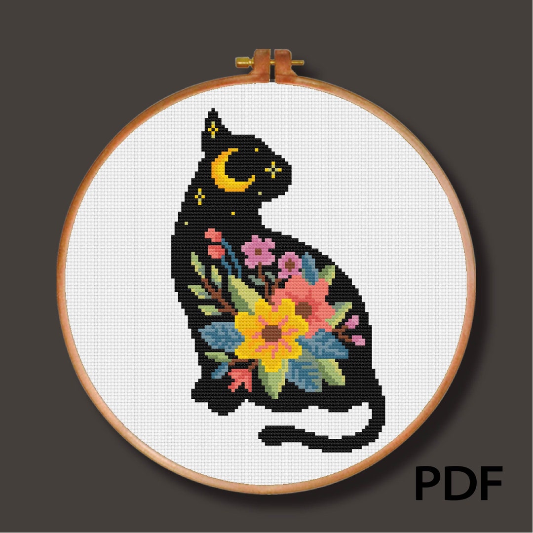 Flower Cat Cross Stitch Pattern Black Cat Cross Stitch Cat Floral Cross ...