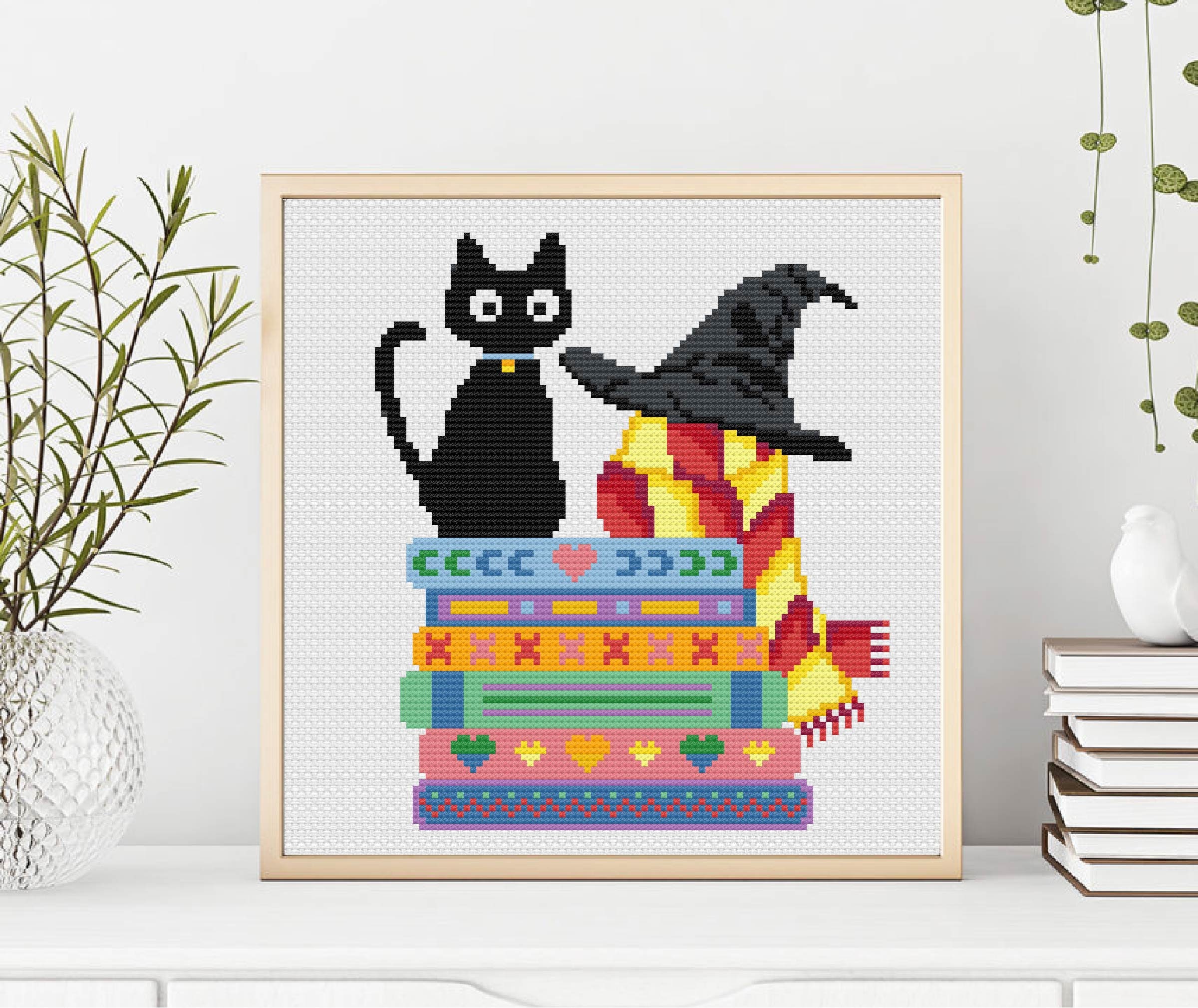 Cat and Books Cross Stitch Pattern Black Cat Cross Stitch Modern Cross ...