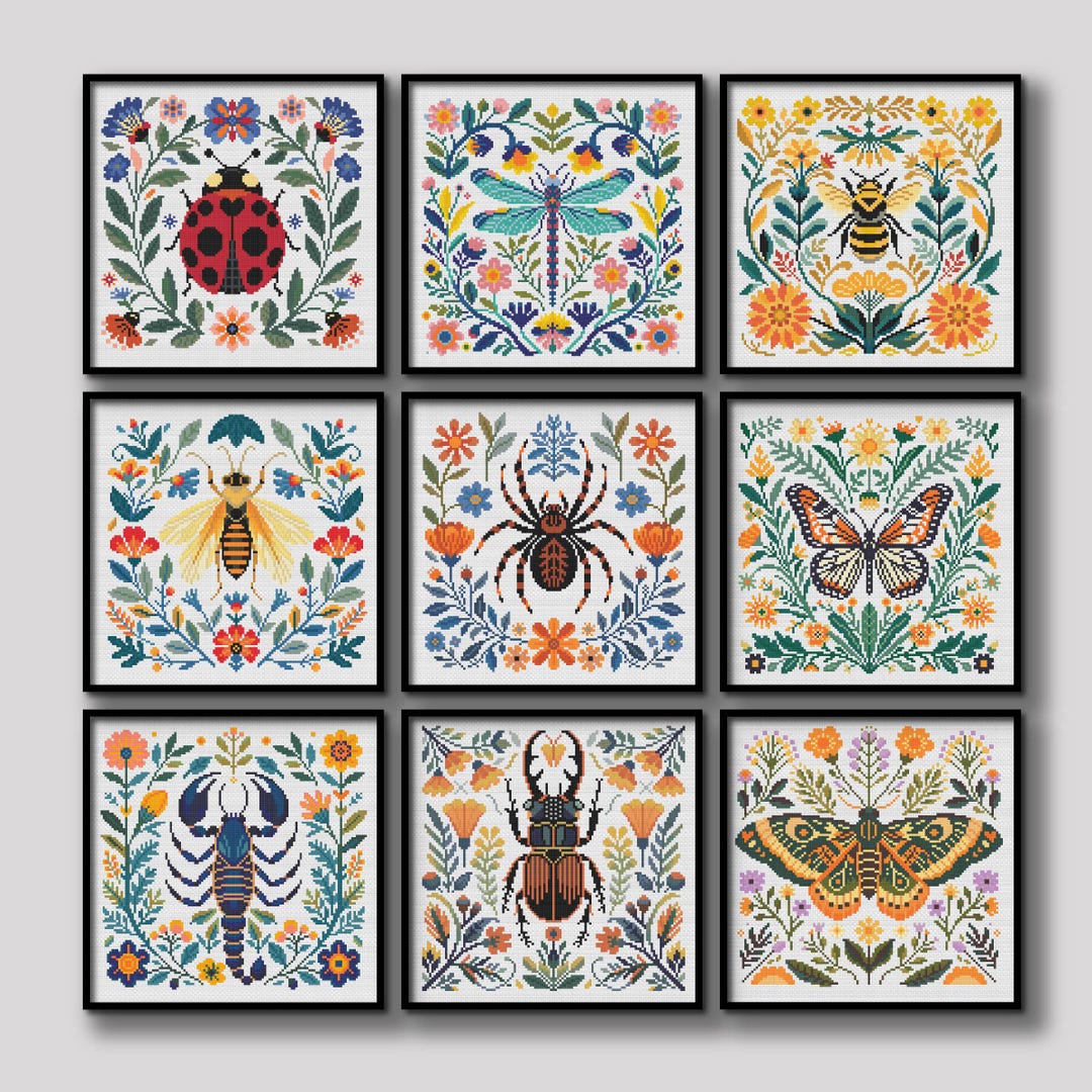 Set of 9 Insects Cross Stitch Pattern Floral Bee Cross Stitch Moth ...