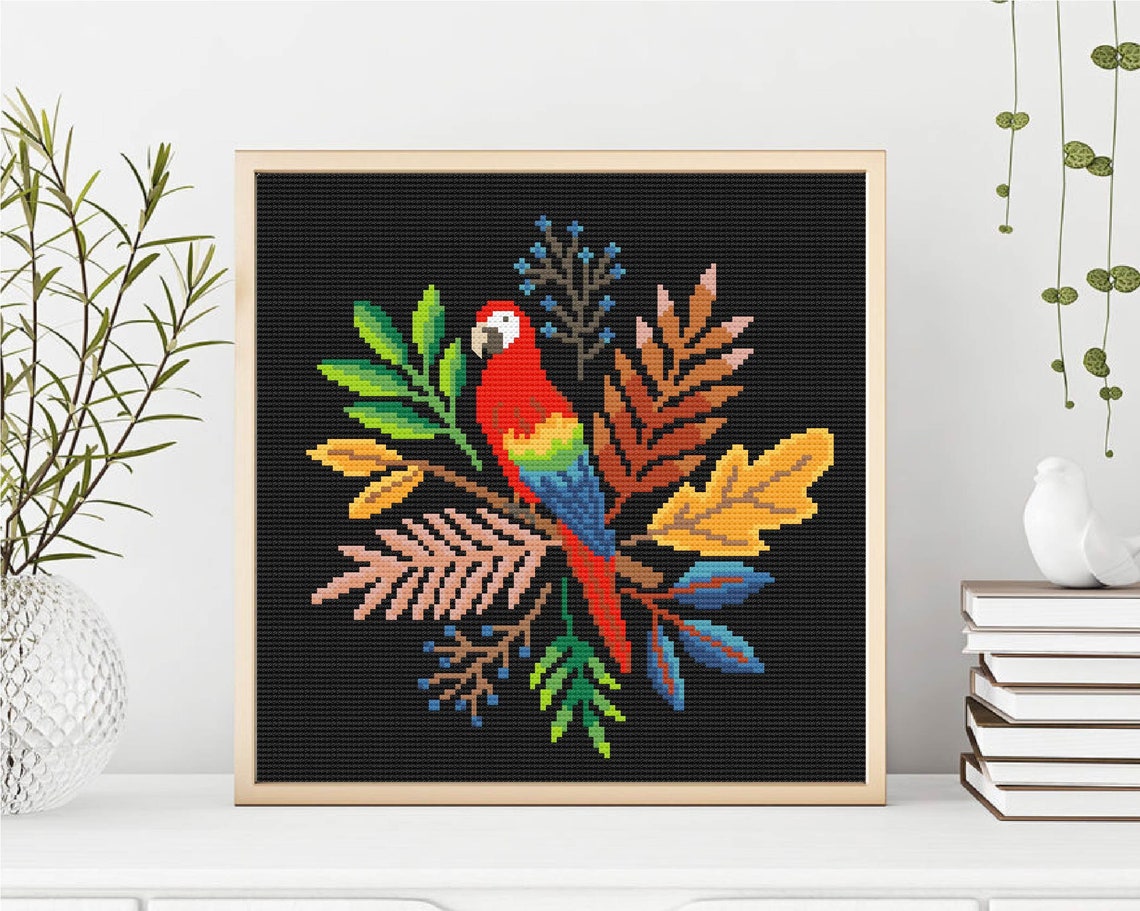 Parrot Cross Stitch Pattern Bird Plant Cross Stitch Pattern Modern ...