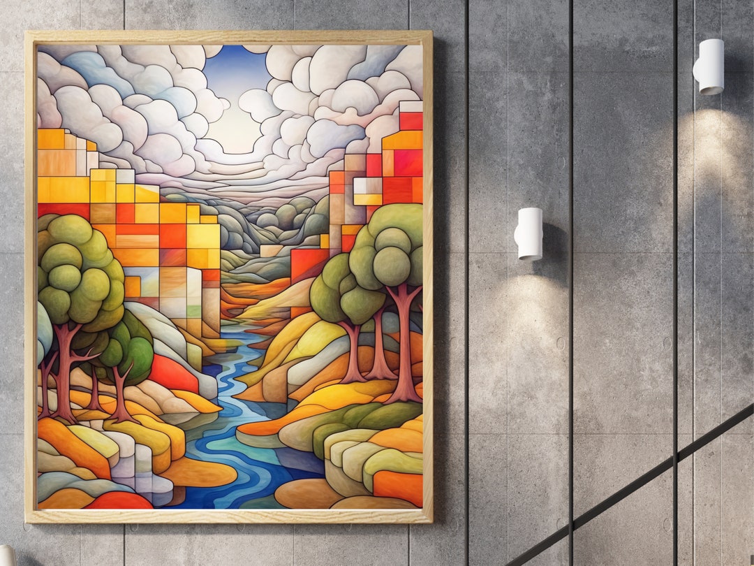 Fantasy Castle by the Lake Poster Piet Mondrian Style Abstract ...
