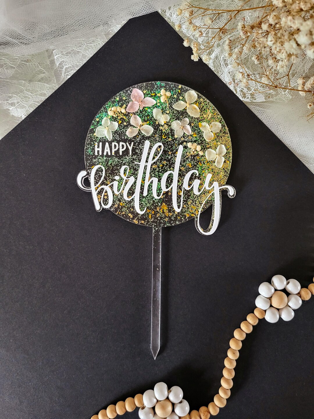 Boho Personalised Acrylic Happy Birthday Cake Topper, Dry Flowers ...