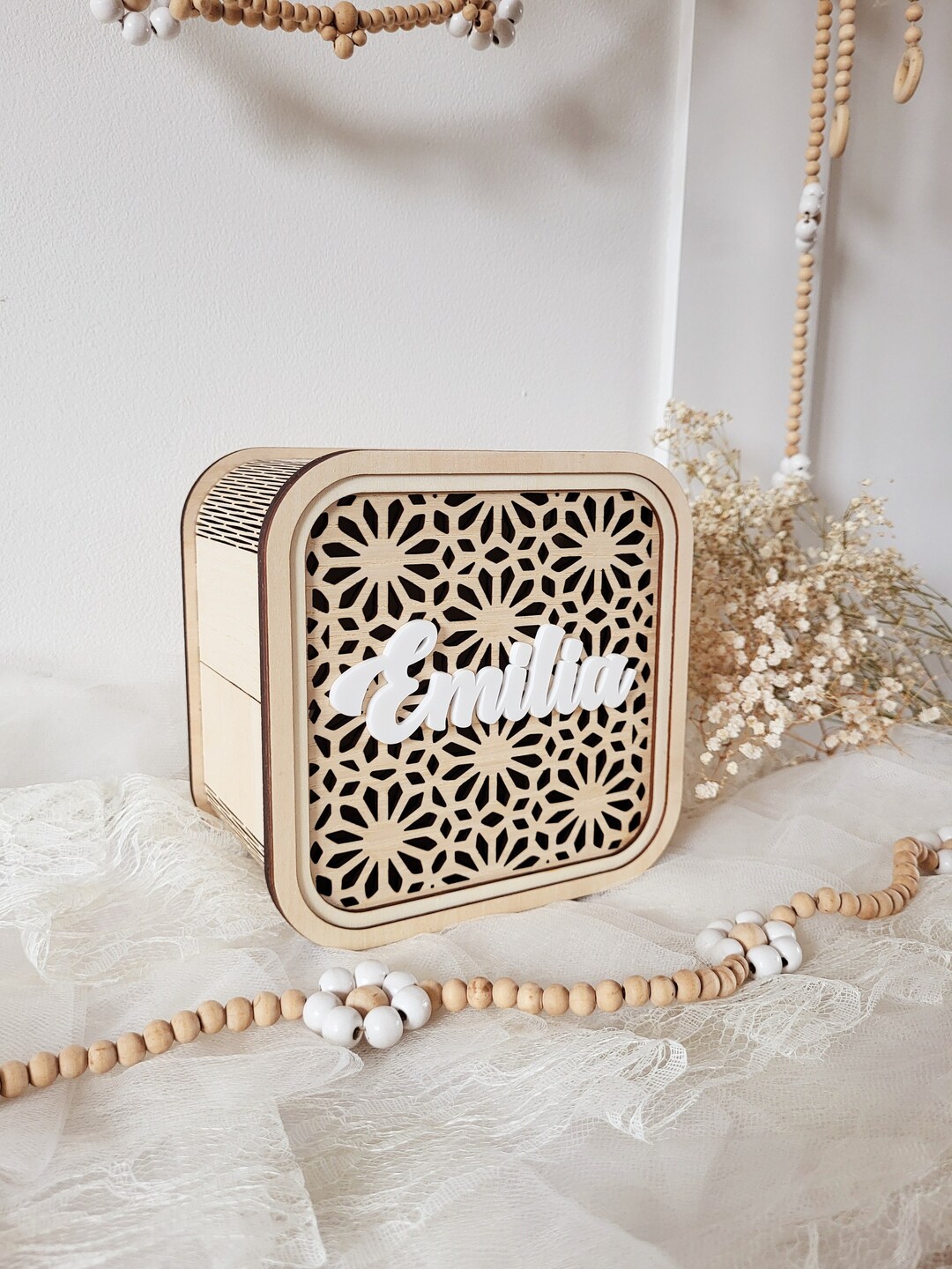 Personalised Wooden Money Box With Acrylic Name and Floral Design ...