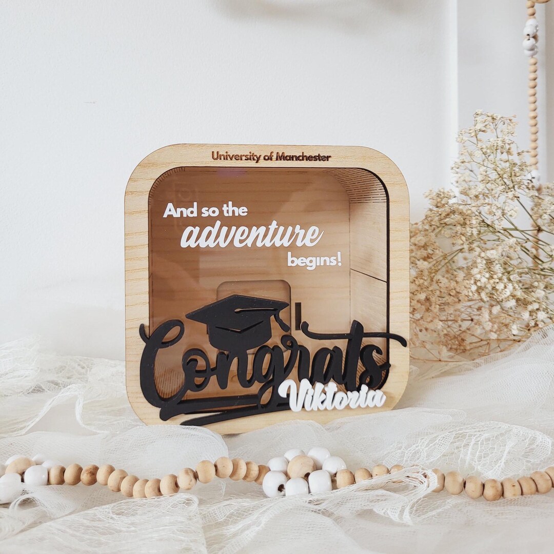Personalised Wooden Graduation Money Box, Custom Engraved Piggy Bank ...