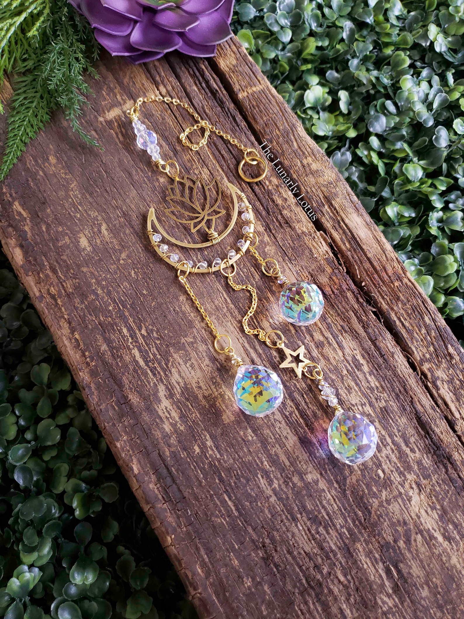 Lotus Suncatcher, Moon Suncatcher, Boho Suncatcher, Gold Suncatcher ...
