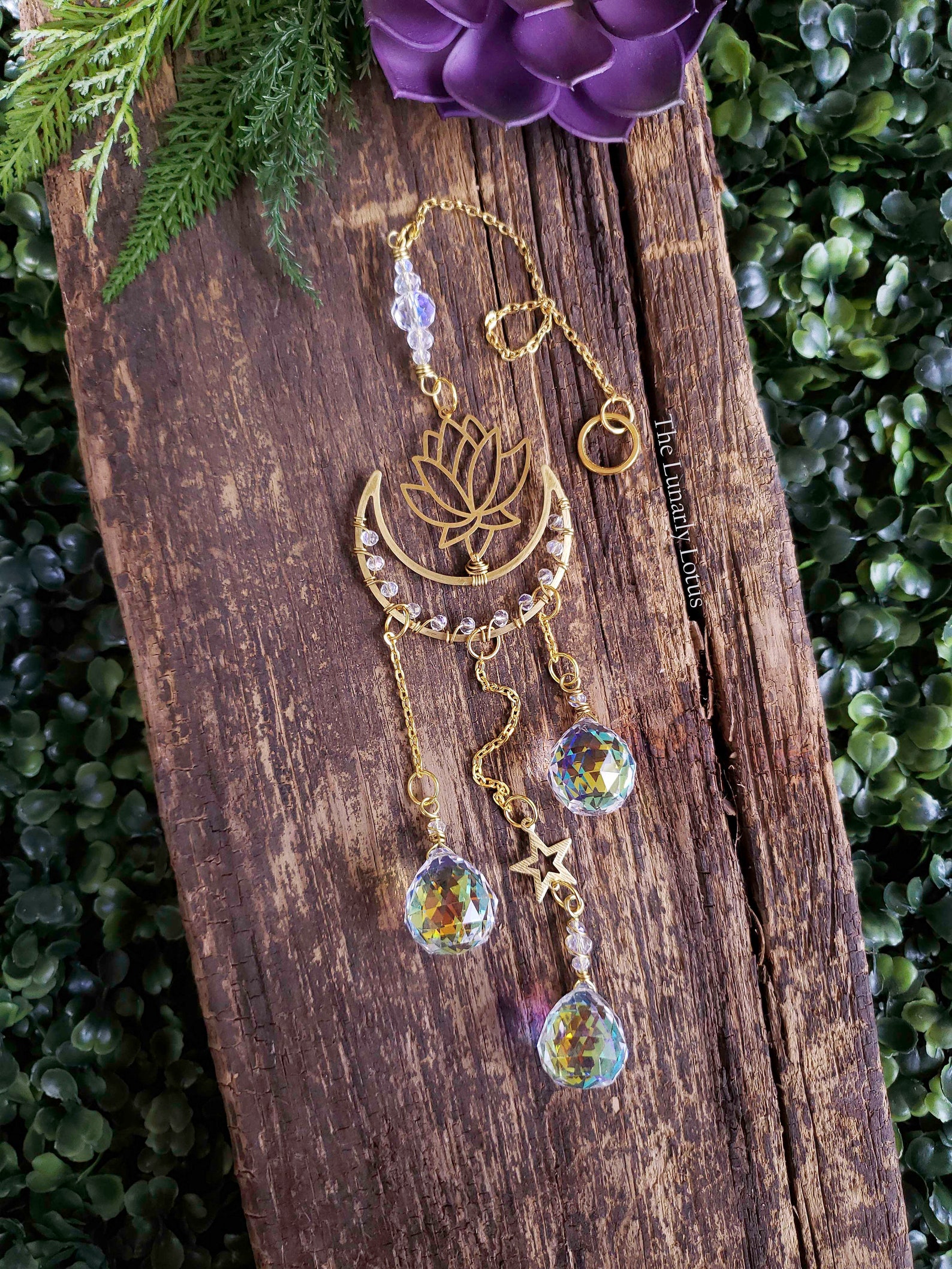 Lotus Suncatcher, Moon Suncatcher, Boho Suncatcher, Gold Suncatcher ...