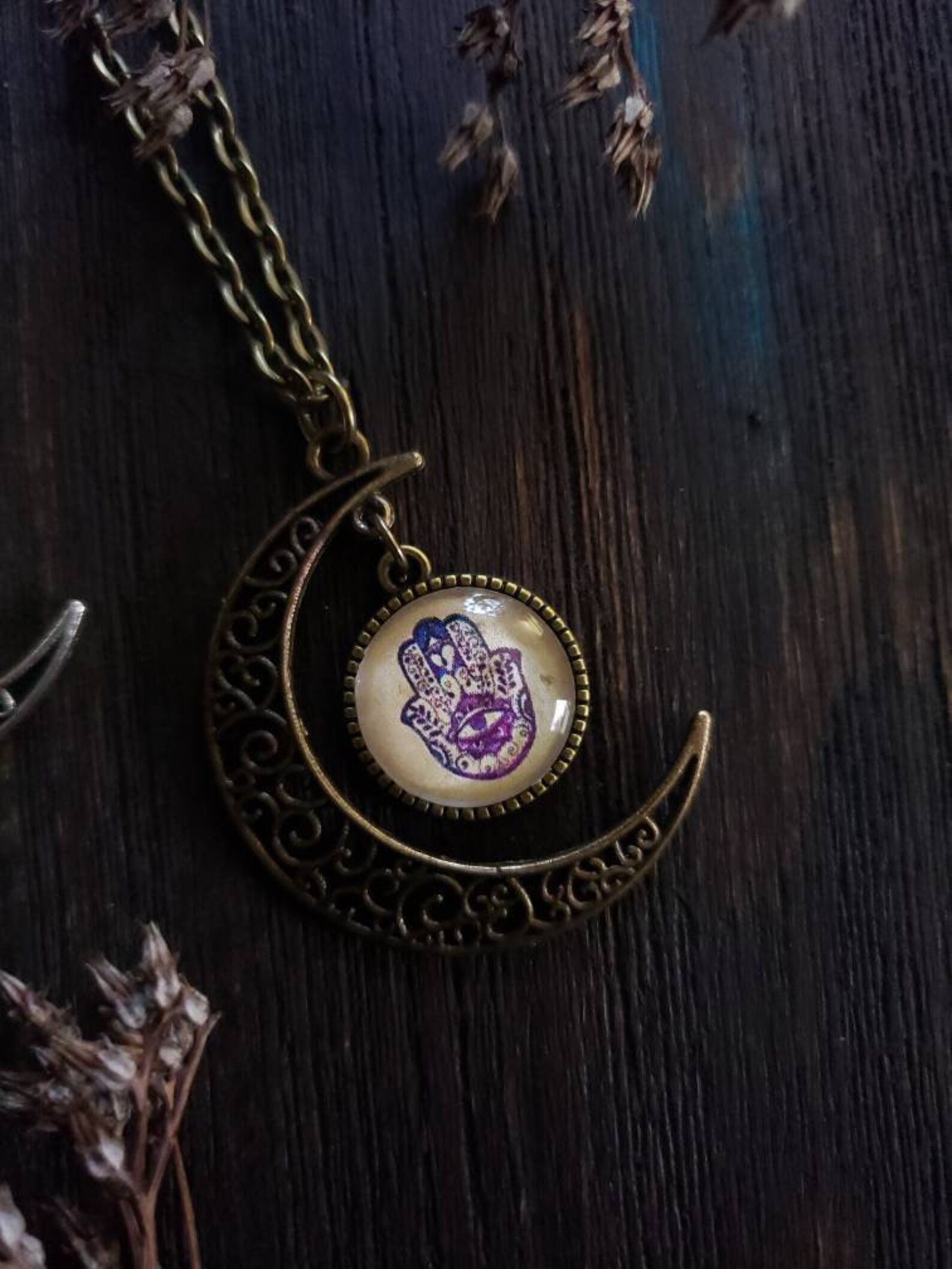 Hamsa Necklace, Moon Necklace, Witchy Necklace, Protection Amulet, Eye ...