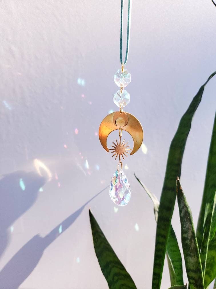 Crystal Car Charm, Boho Car Accessory, Moon Suncatcher, Gold Car Charm ...