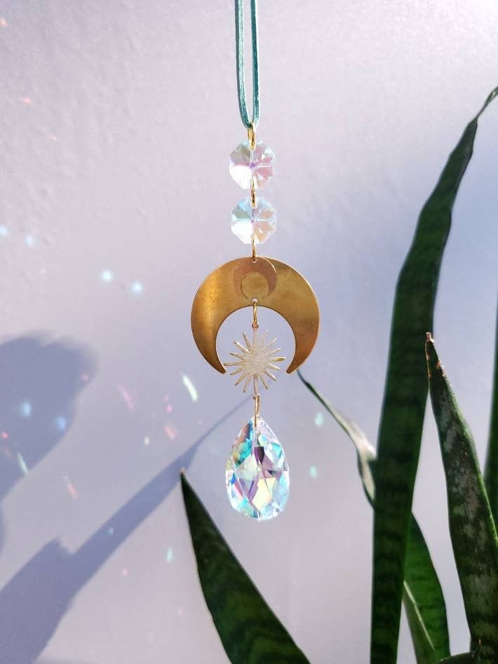 Crystal Car Charm, Boho Car Accessory, Moon Suncatcher, Gold Car Charm ...