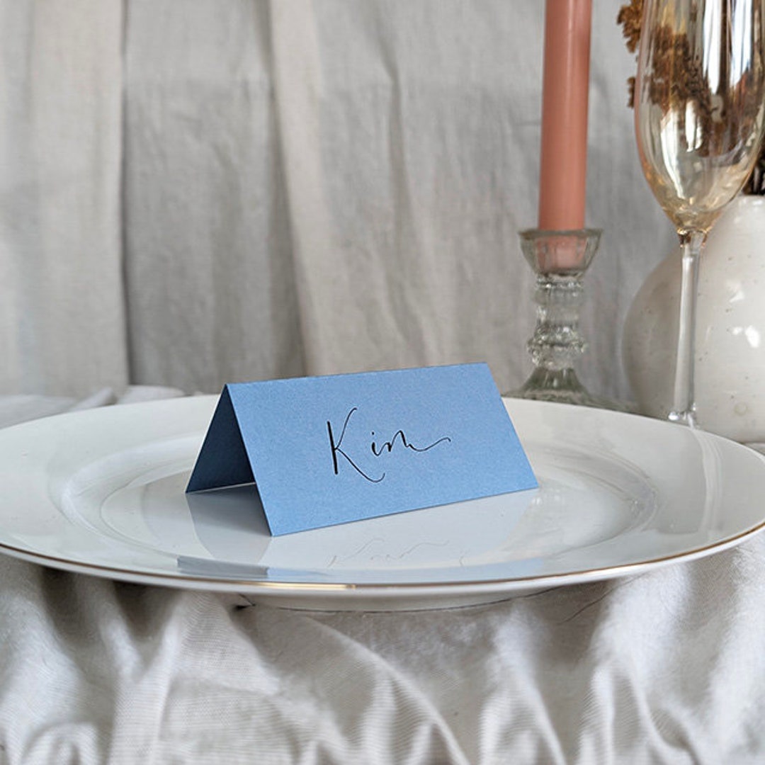 Folded Calligraphy Wedding Place Cards Blue Place Cards Wedding Place ...