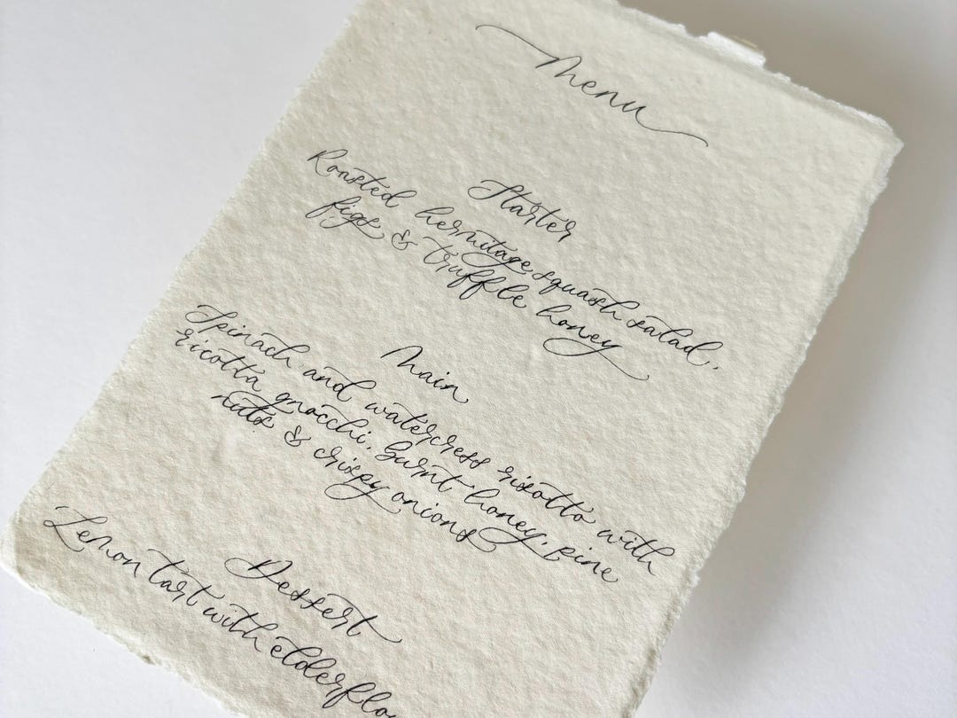 Handwritten Calligraphy Cotton Paper Wedding Menu: Sustainable Wedding ...