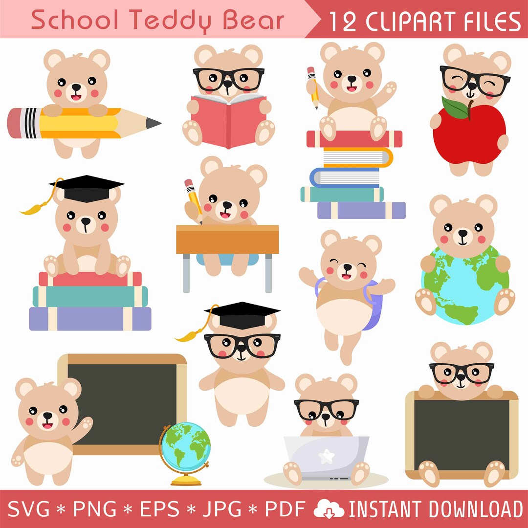 Back to School Teddy Bear Set Digital Collage, Cool Vector Clipart Pack ...