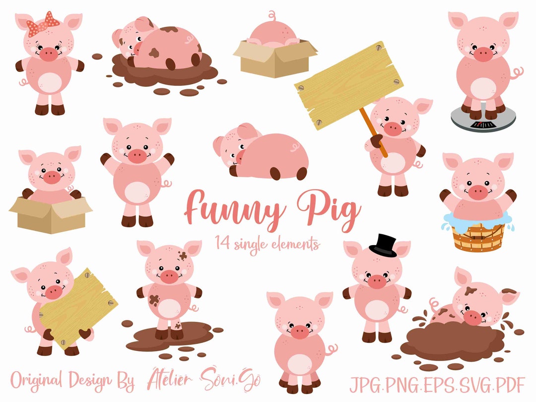 Funny Pig Clipart Set, Package Digital Elements, Digital Scrapbook Kit ...