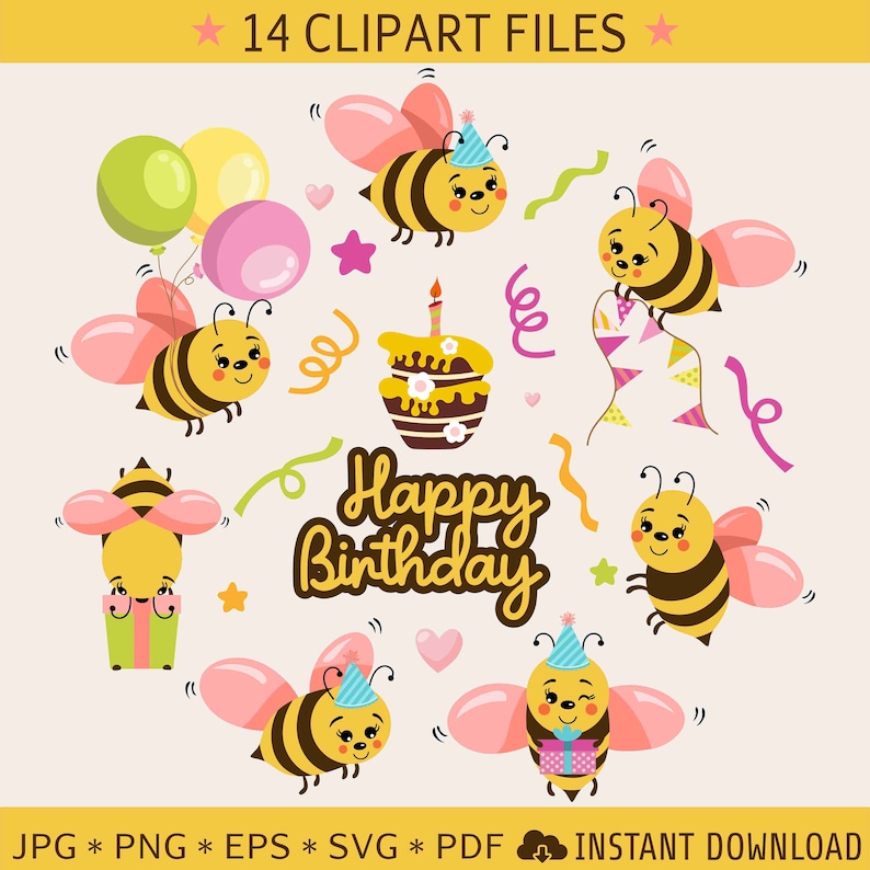 Bee Happy Birthday Vector Clipart Set Instant Digital Download Digital ...