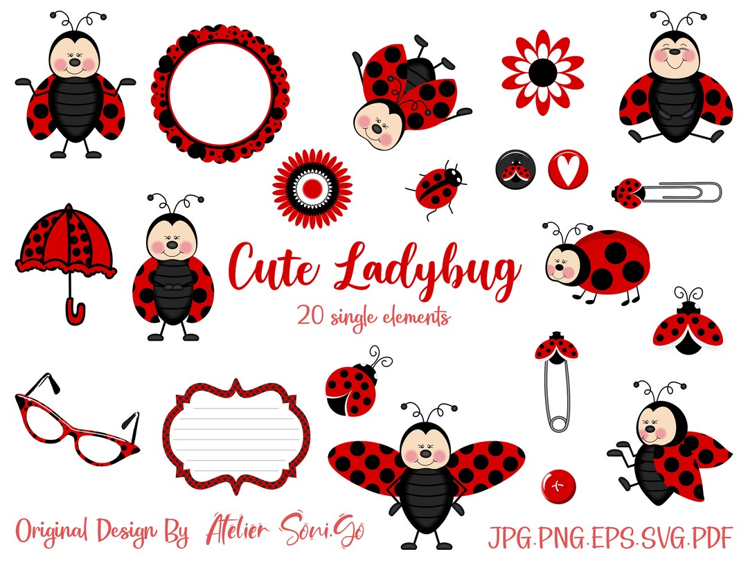 Cute Ladybug Clipart Set, Package Digital Elements, Digital Scrapbook ...