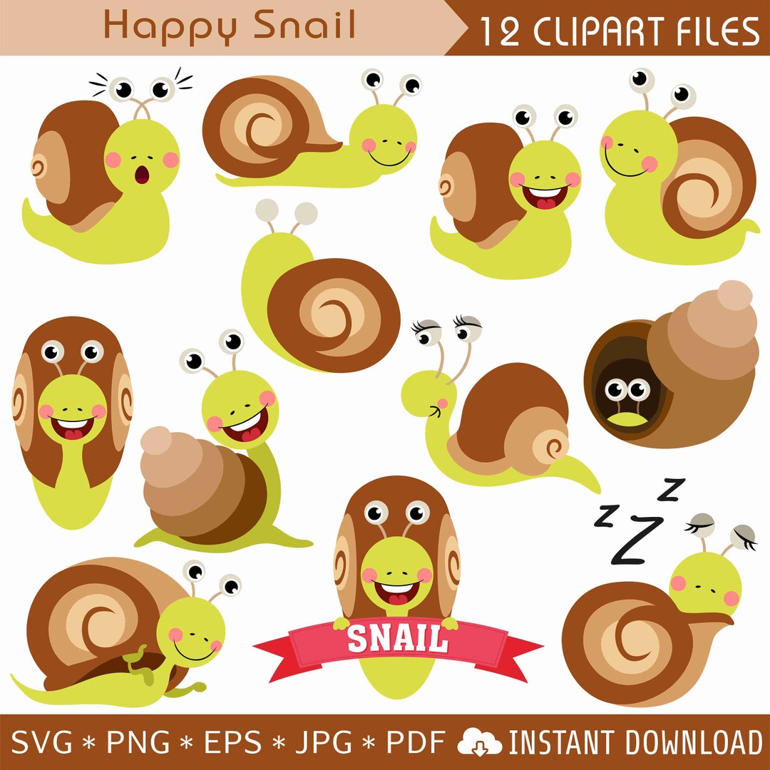 Happy Snail Digital Collage Art, Vector Clipart Set,kit Instant ...