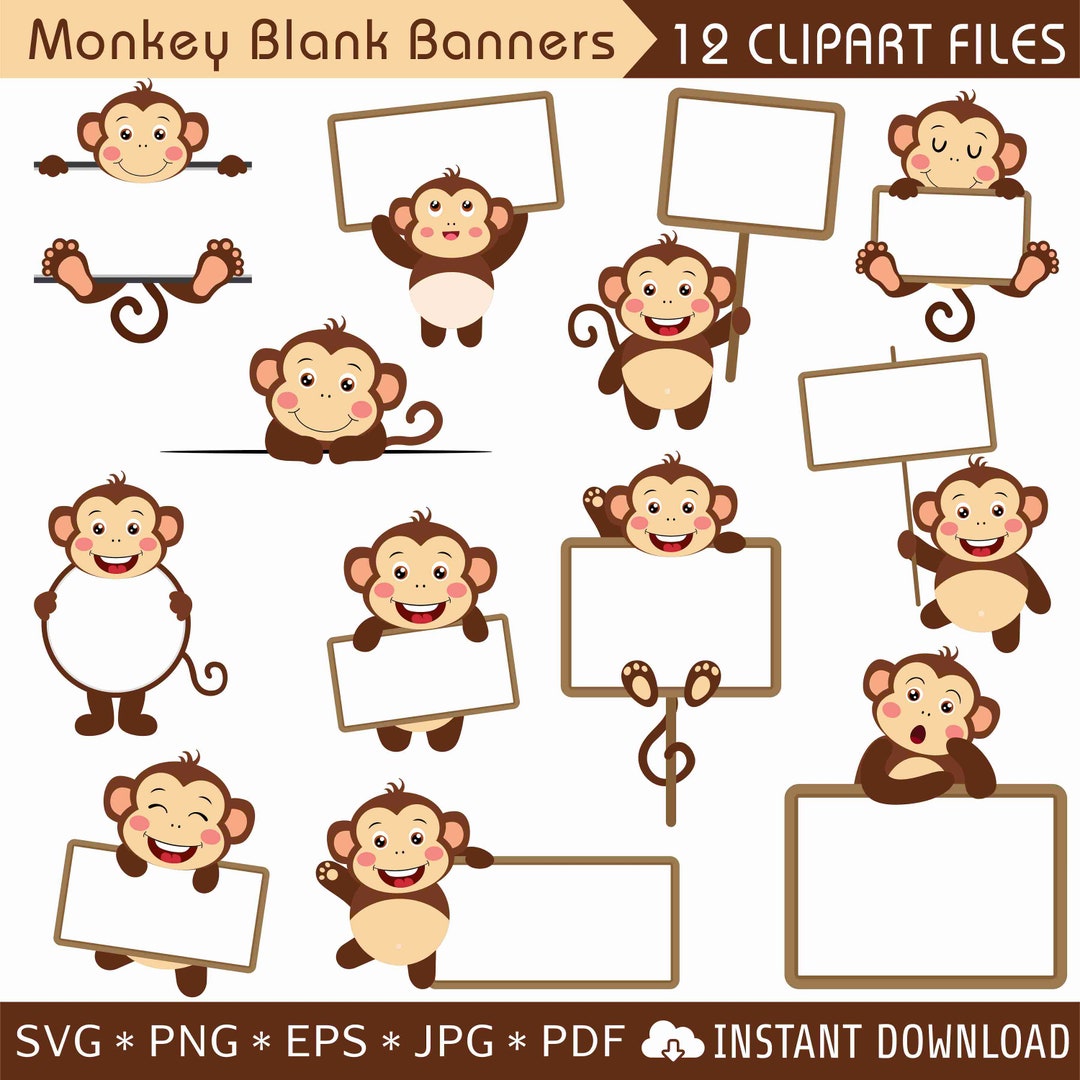 Monkey Blank Banners Set Digital Collage Art, Cool Vector Clip Art Pack ...