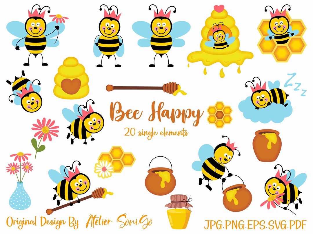 Bee Happy Clipart Set, Package Digital Elements, Digital Scrapbook Kit ...