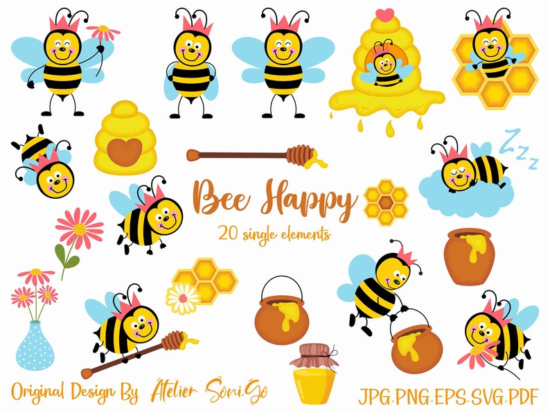 Bee Happy Clipart Set, Package Digital Elements, Digital Scrapbook Kit ...
