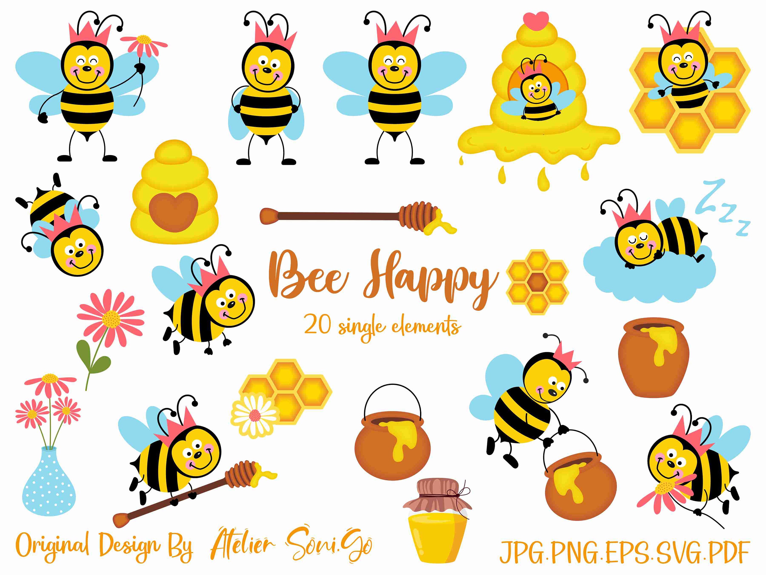 Bee Happy Clipart Set Package Digital Elements Digital - Etsy