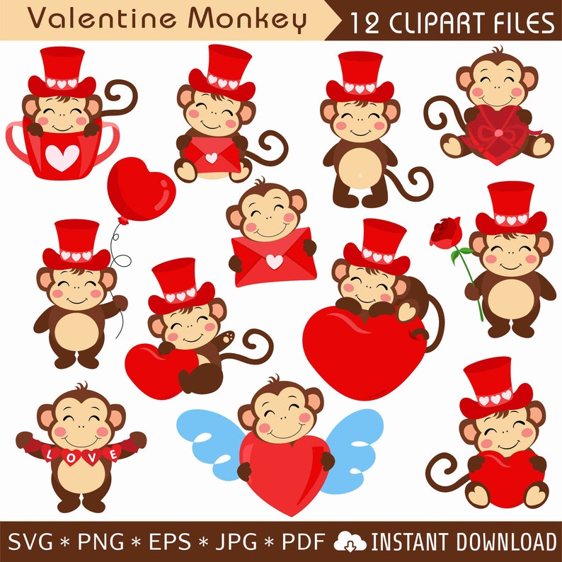Valentine Monkey Digital Collage Art, Vector Clipart Set, Instant ...