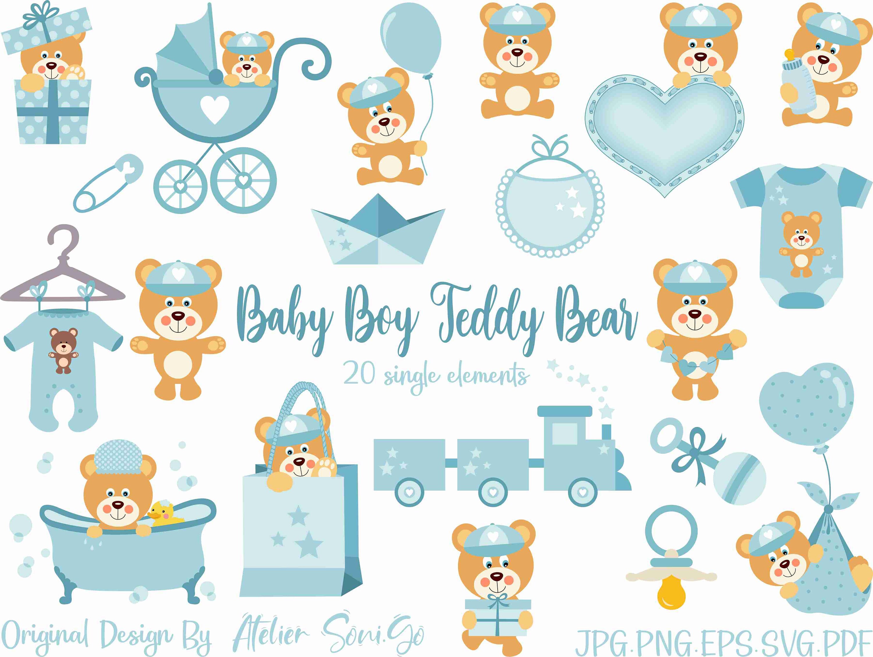 Baby Boy Teddy Bear Clipart Set, Package Digital Elements, Scrapbook ...