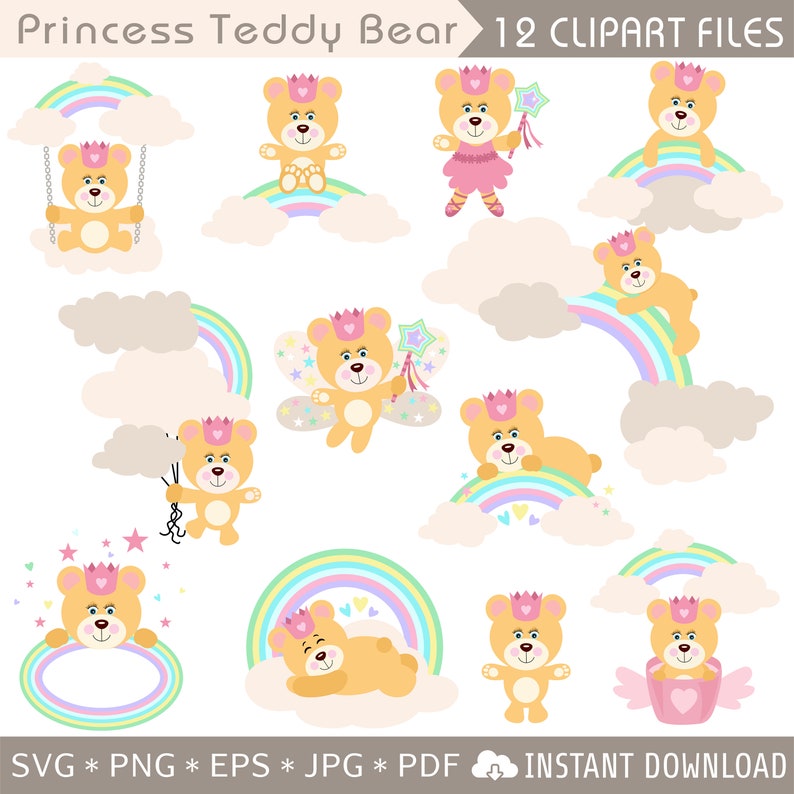Princess Teddy Bear Set Digital Collage Art,cool Vector Clip Art Pack ...